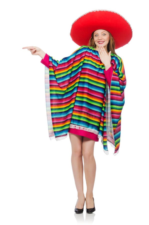 Pretty Girl in Mexican Poncho Isolated on White Stock Photo - Image of ...
