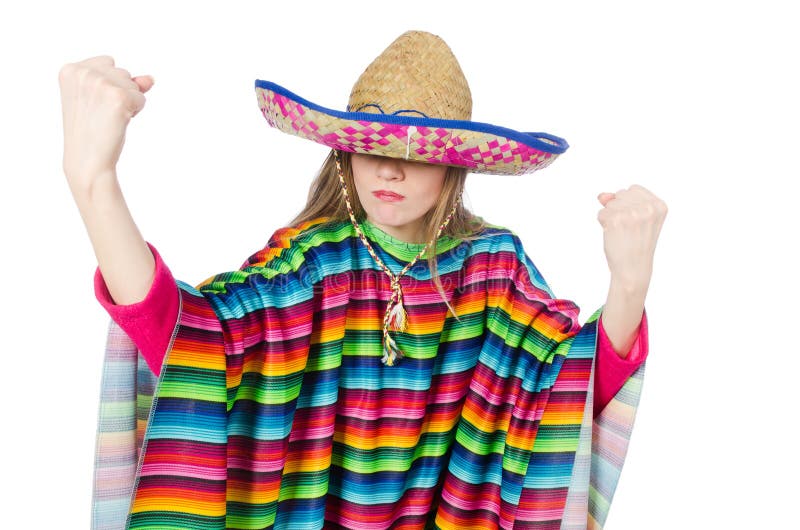 Pretty Girl in Mexican Poncho Isolated on White Stock Photo - Image of ...