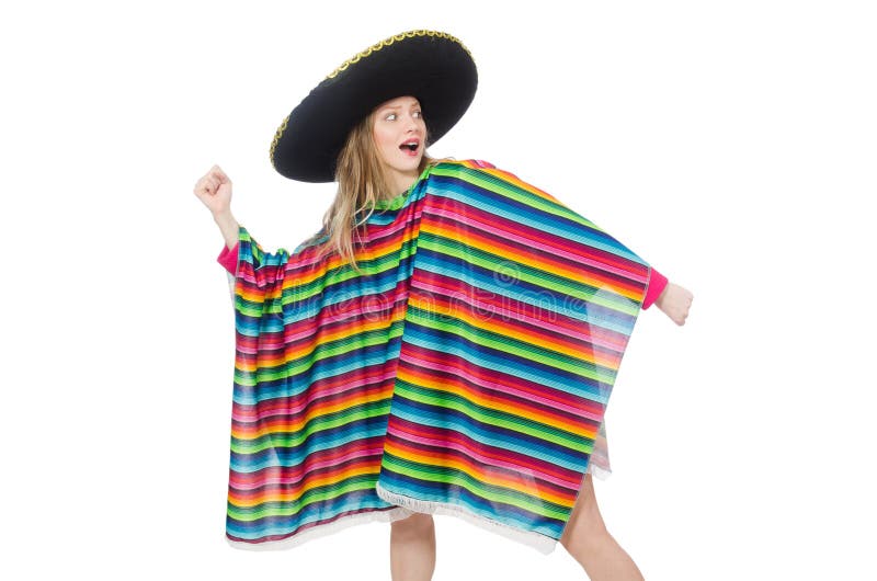 Pretty Girl in Mexican Poncho Isolated on White Stock Image - Image of ...