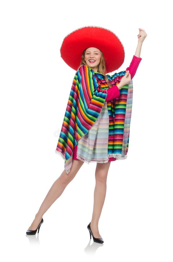 Pretty Girl in Mexican Poncho Isolated on White Stock Photo - Image of ...
