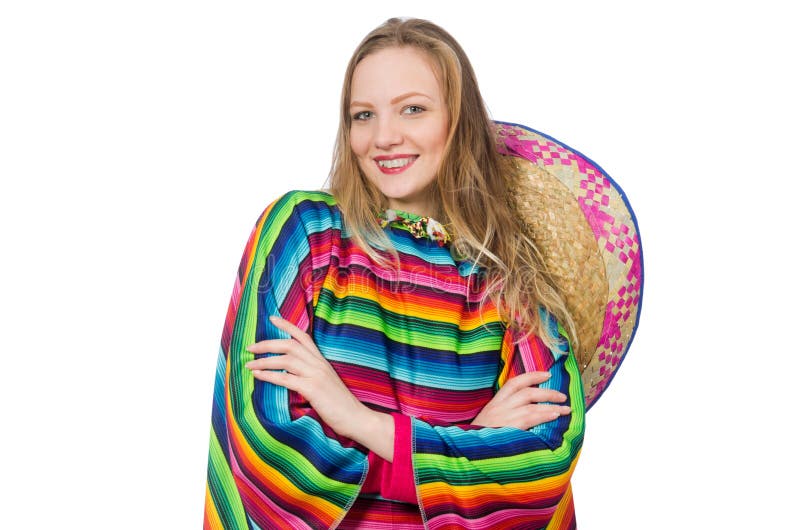 Pretty Girl in Mexican Poncho Isolated on White Stock Photo - Image of ...