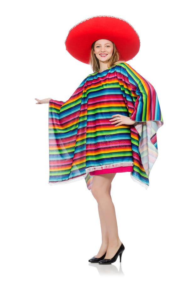 Pretty Girl in Mexican Poncho Isolated on White Stock Image - Image of ...