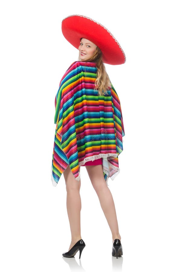 Pretty Girl in Mexican Poncho Isolated on White Stock Image - Image of ...