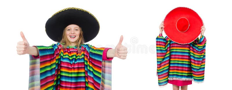 The Pretty Girl in Mexican Poncho Isolated on White Stock Image - Image ...