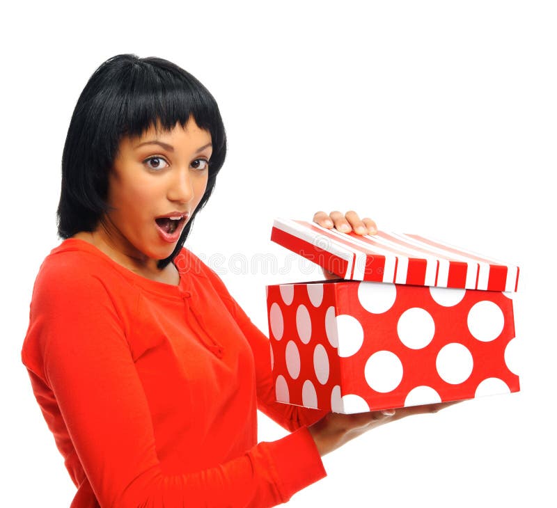 Pretty girl opens her box stock photo. Image of mixed - 21823450