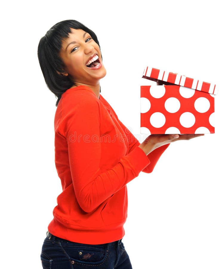 Pretty girl opens her box stock photo. Image of mixed - 21823450