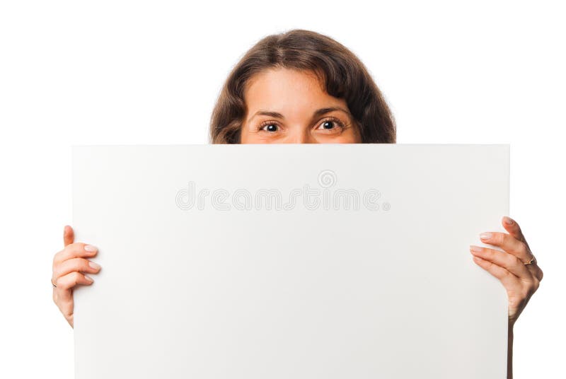 Pretty Girl Peeps Out from Behind the Blank Board Stock Photo - Image ...