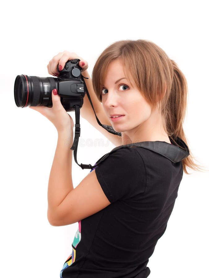 Pretty Girl with Photo Camera Stock Photo - Image of cute, side: 12602566