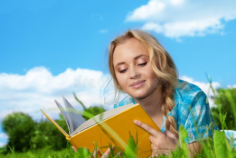 Pretty Girl Reading Book Outdoors Stock Image - Image of education ...