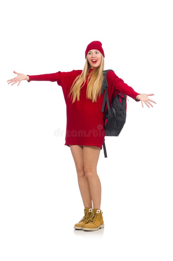 The Pretty Girl in Red Dress and Backpack Isolated on White Stock Image ...