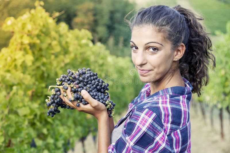 Pretty Girl Shows Grapes in a Vineyard Stock Photo - Image of foliage ...