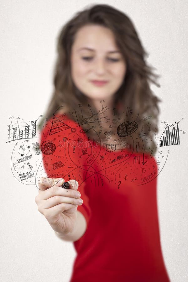 Pretty Girl Sketching Graphs and Diagrams on Wall Stock Photo - Image ...