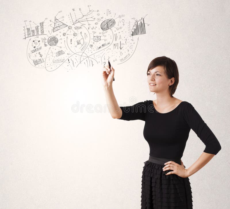 Pretty Girl Sketching Graphs and Diagrams on Wall Stock Image - Image ...
