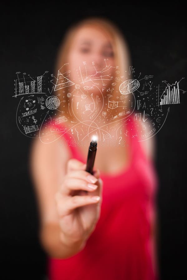 Pretty Girl Sketching Graphs and Diagrams on Wall Stock Image - Image ...