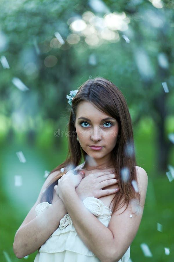 Pretty Girl in Spring Rural Park Stock Image - Image of female, apple ...