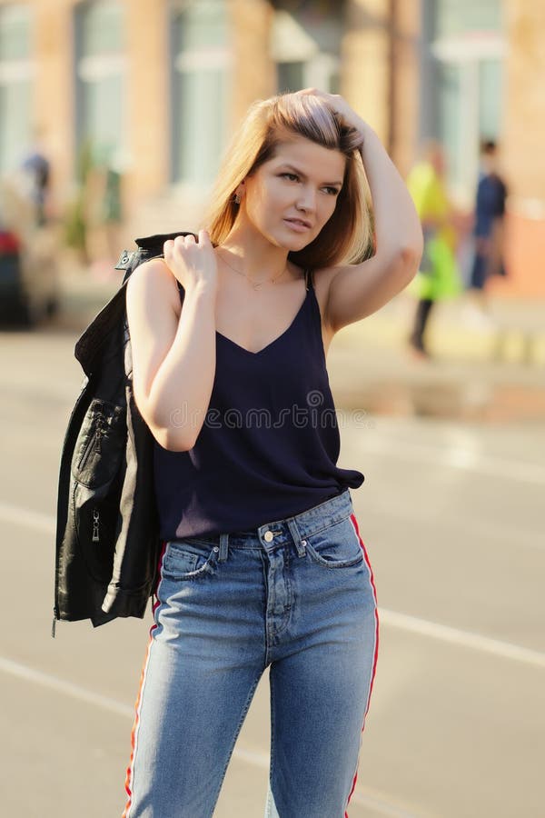 Pretty girl on the street stock image. Image of city - 195515129