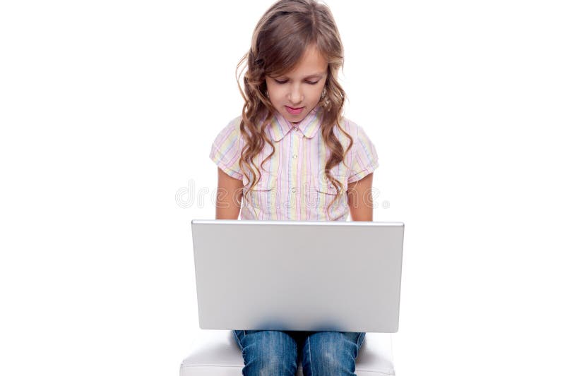 Happy Little Girl Lying on Bed with Tablet Computer Stock Image - Image ...