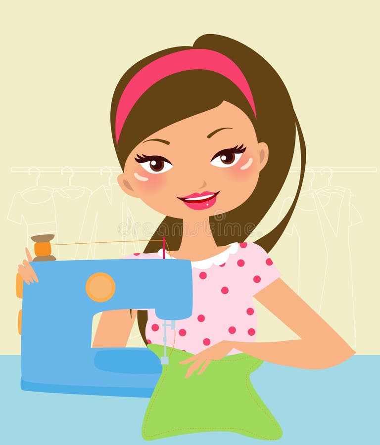 Pretty Girl Using Sewing Machine Stock Vector - Illustration of ...