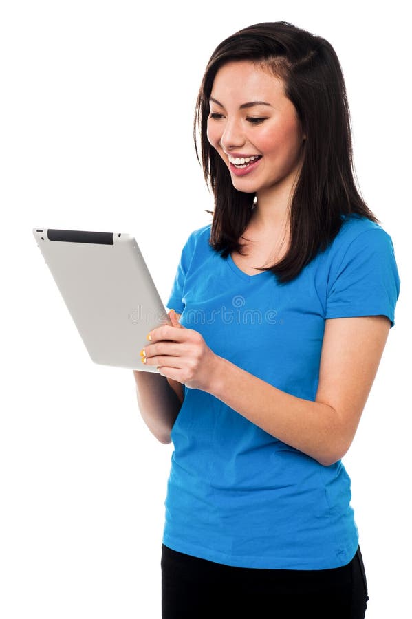 Pretty Girl Using Tablet Pc Device Stock Photo - Image of model, design ...