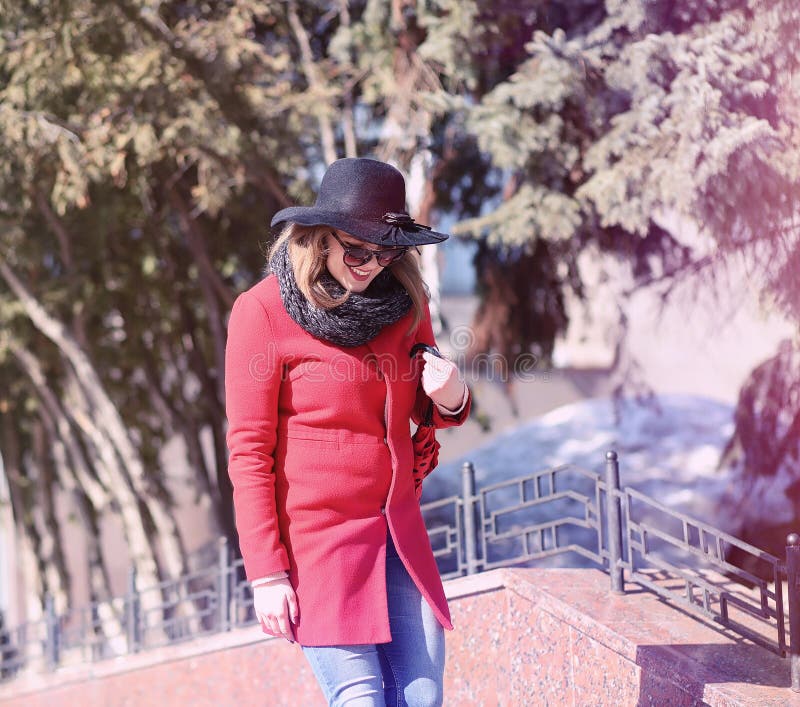 Pretty Girl on a Walk in Red Coat in the City Stock Image - Image of ...