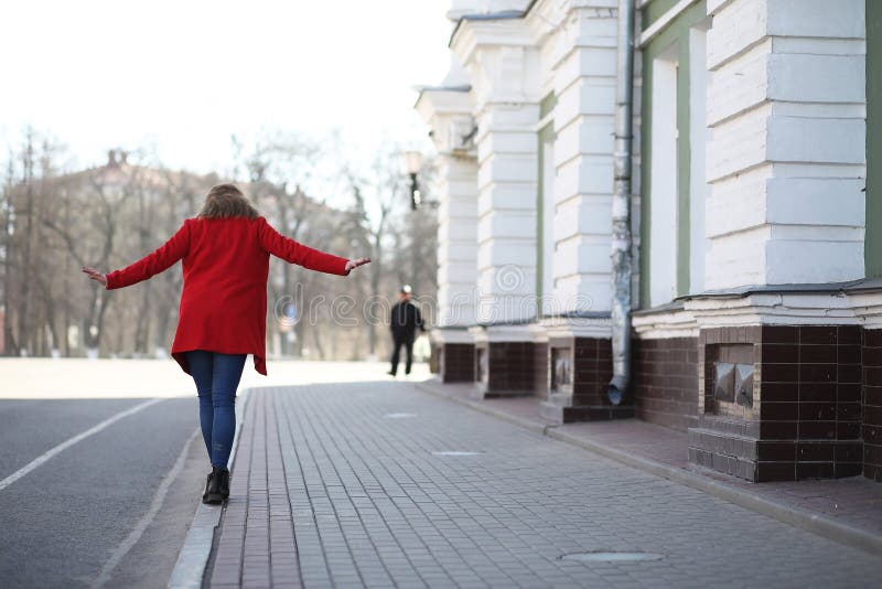 Pretty Girl on a Walk in Red Coat in the City Stock Image - Image of ...
