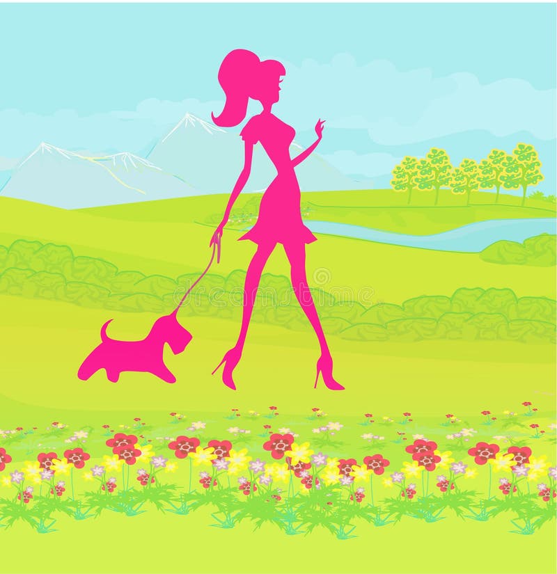 Pretty Girl Walking the Dogs Stock Illustration - Illustration of ...