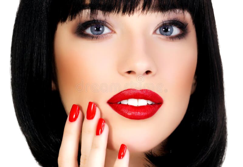 Stare. Fashion Model Girl Face, Beauty Woman Makeup and Red Mani Stock ...