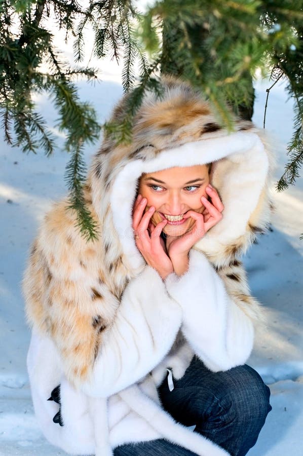 Pretty Girl in Winter Forest Stock Photo - Image of femininity, woman ...