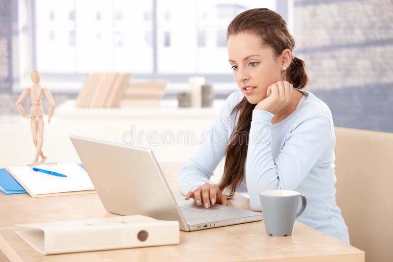 Pretty Girl Working at Home on Laptop Stock Image - Image of ...
