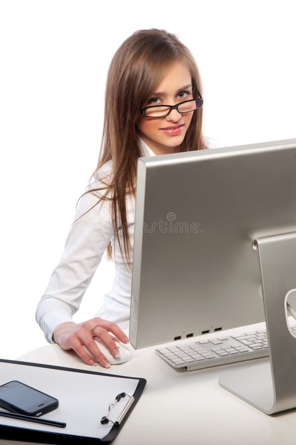 Pretty Girl Works on a Computer Stock Photo - Image of customer, female ...