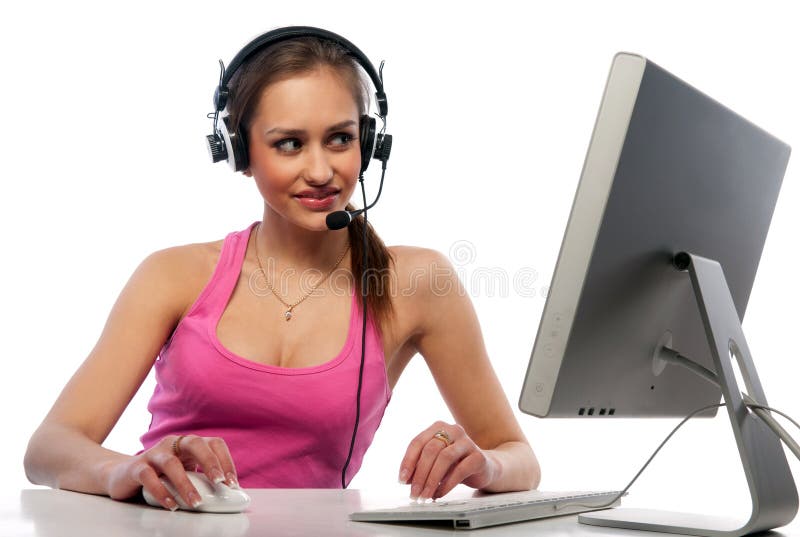 Pretty Girl Works on a Computer Stock Image - Image of model, helpline ...