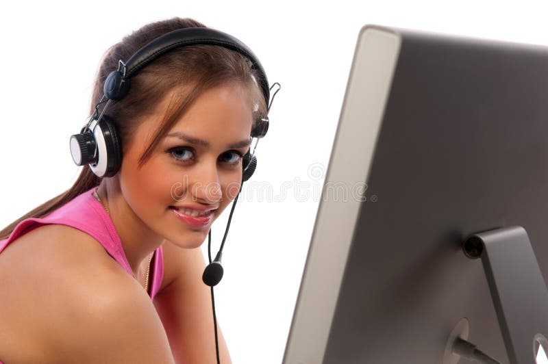 Pretty Girl Works on a Computer Stock Image - Image of lady, helpline ...