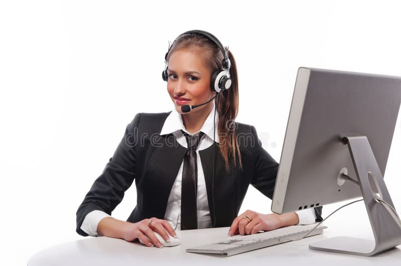 Pretty Girl Works on a Computer Stock Photo - Image of headphones ...