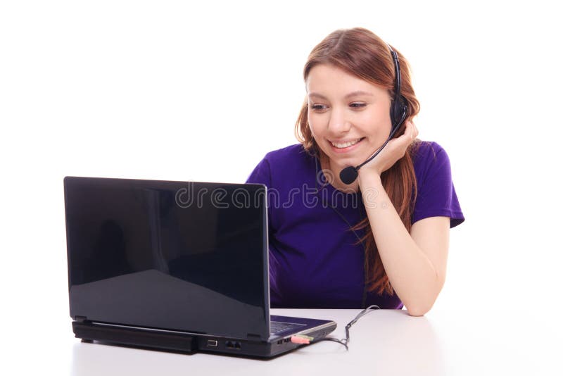 Pretty Girl Works at Her Computer Stock Photo - Image of conversation ...