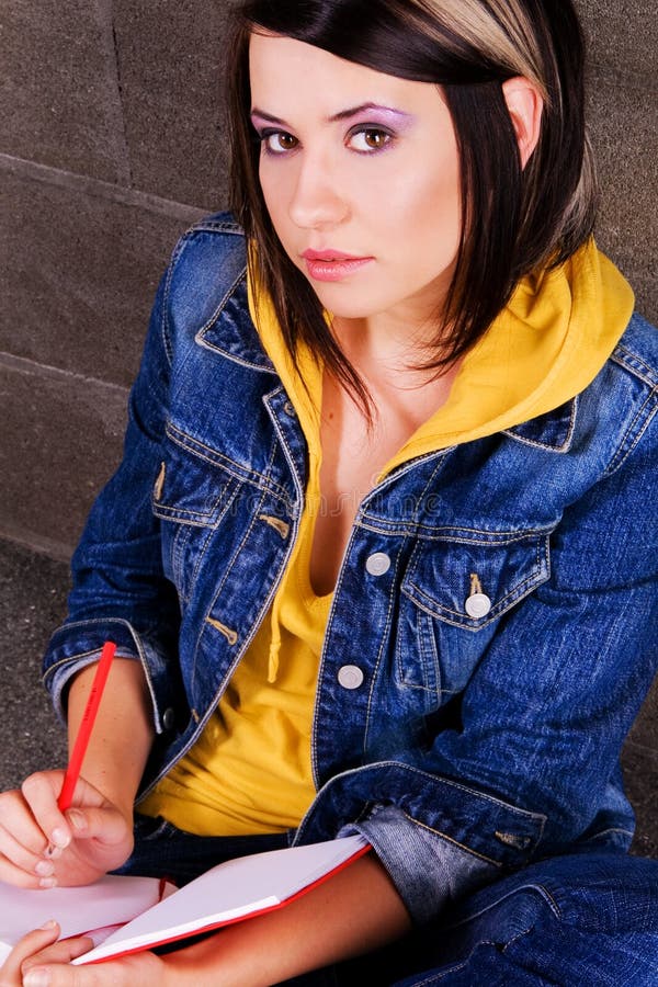 Pretty Girl Writing at Notebook Stock Photo - Image of drawing, brick ...