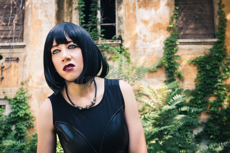 Pretty Goth Girl Posing in a City Park Stock Image - Image of intense ...