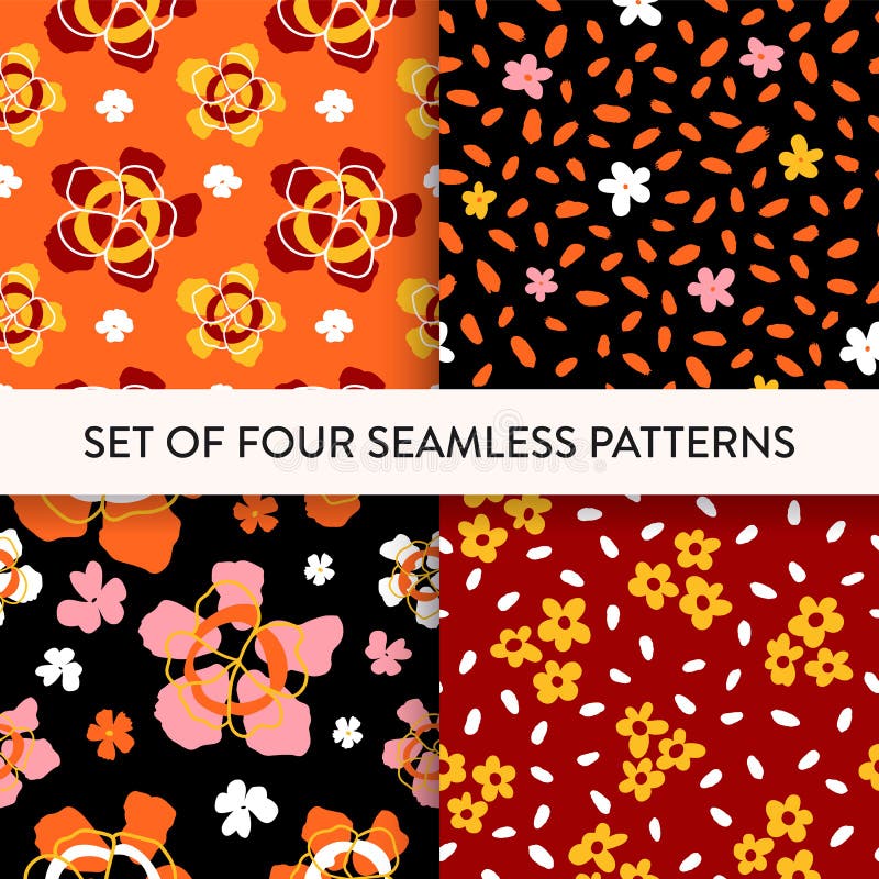 Pretty Hand Draw Flower, Spot Repeat Pattern Set. Stock Vector ...