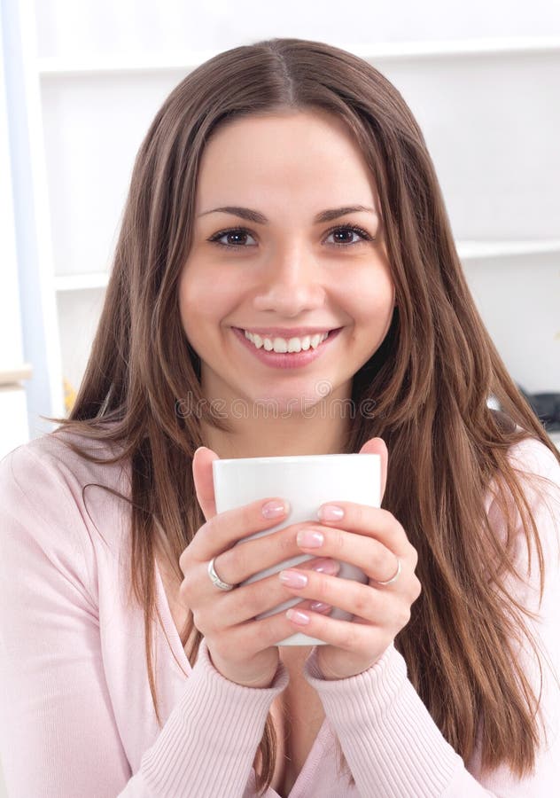 Pretty Happy Relaxed Young Lady Stock Image - Image of couch, beverage ...