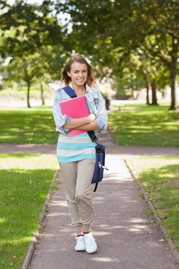Pretty Happy Student Carrying Notebook Stock Image - Image of book ...