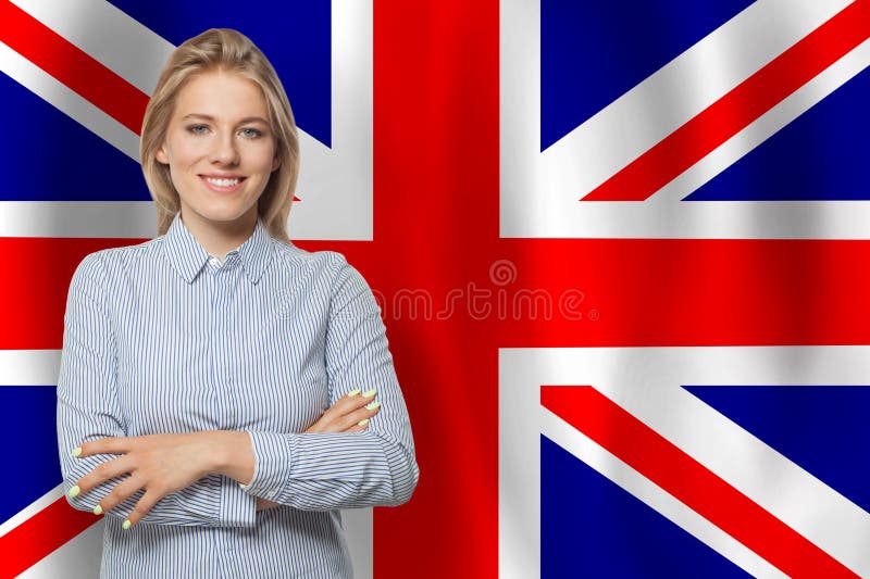 Pretty Happy Woman with Flag of UK Stock Photo - Image of woman, school ...