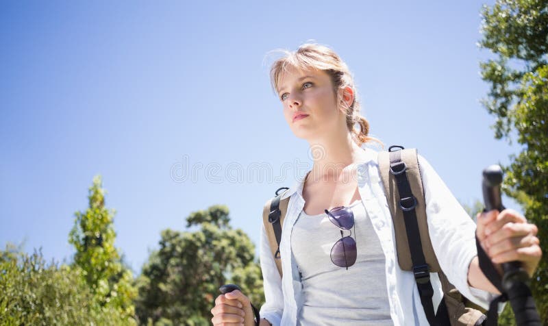 Pretty Hiker with Backpack Walking Uphill Stock Photo - Image of angle ...