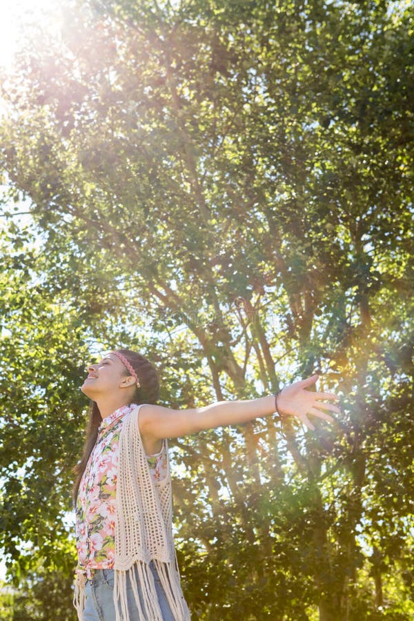 Pretty Hipster Feeling Free in the Park Stock Image - Image of ...