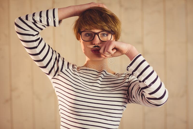Pretty Hipster with Mustache on Finger Stock Photo - Image of female ...