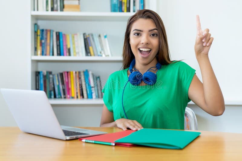 Pretty Hispanic Female Influencer at Computer Stock Image - Image of ...