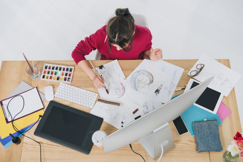 Pretty Lady Drawing by Table Stock Image - Image of computer ...