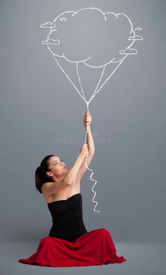 Pretty Lady Holding a Cloud Balloon Drawing Stock Photo - Image of ...