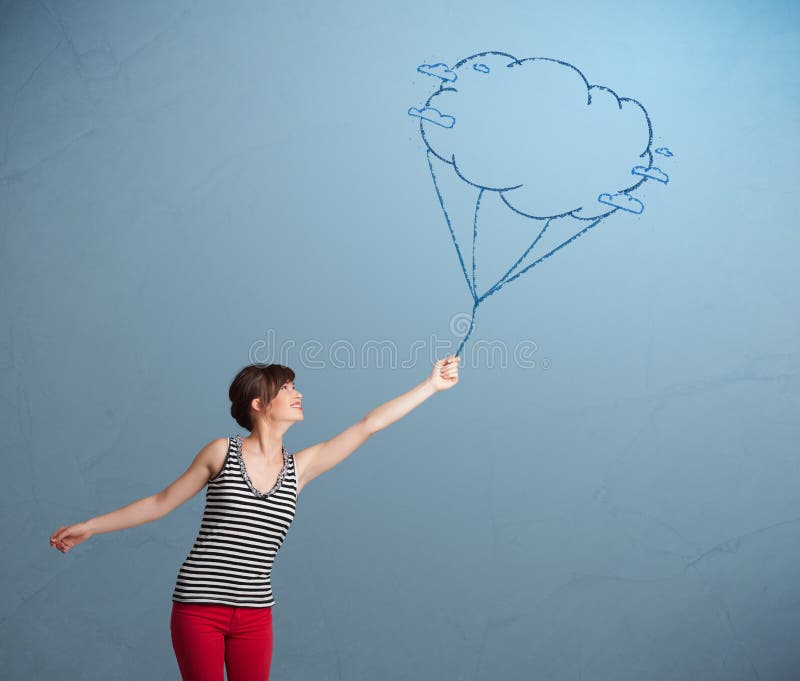 Pretty Lady Holding a Cloud Balloon Drawing Stock Photo - Image of ...