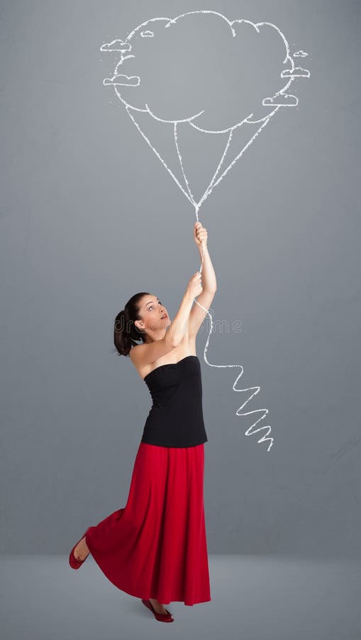 Pretty Lady Holding a Cloud Balloon Drawing Stock Photo - Image of ...