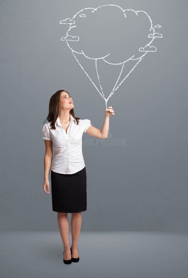 Pretty Lady Holding a Cloud Balloon Drawing Stock Image - Image of ...