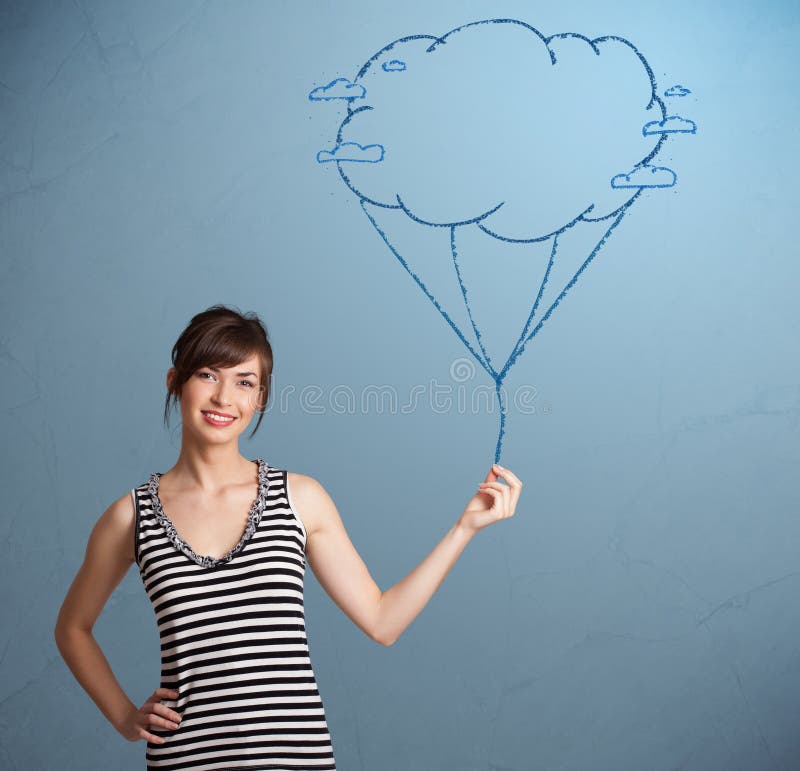 Pretty Lady Holding a Cloud Balloon Drawing Stock Image - Image of ...